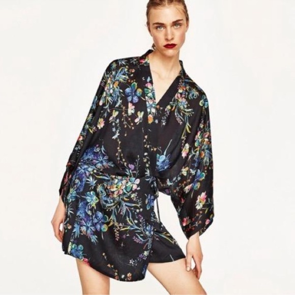 Zara | Other | Zara Floral Embroidered Wrap Kimono Mini Dress | Poshmark